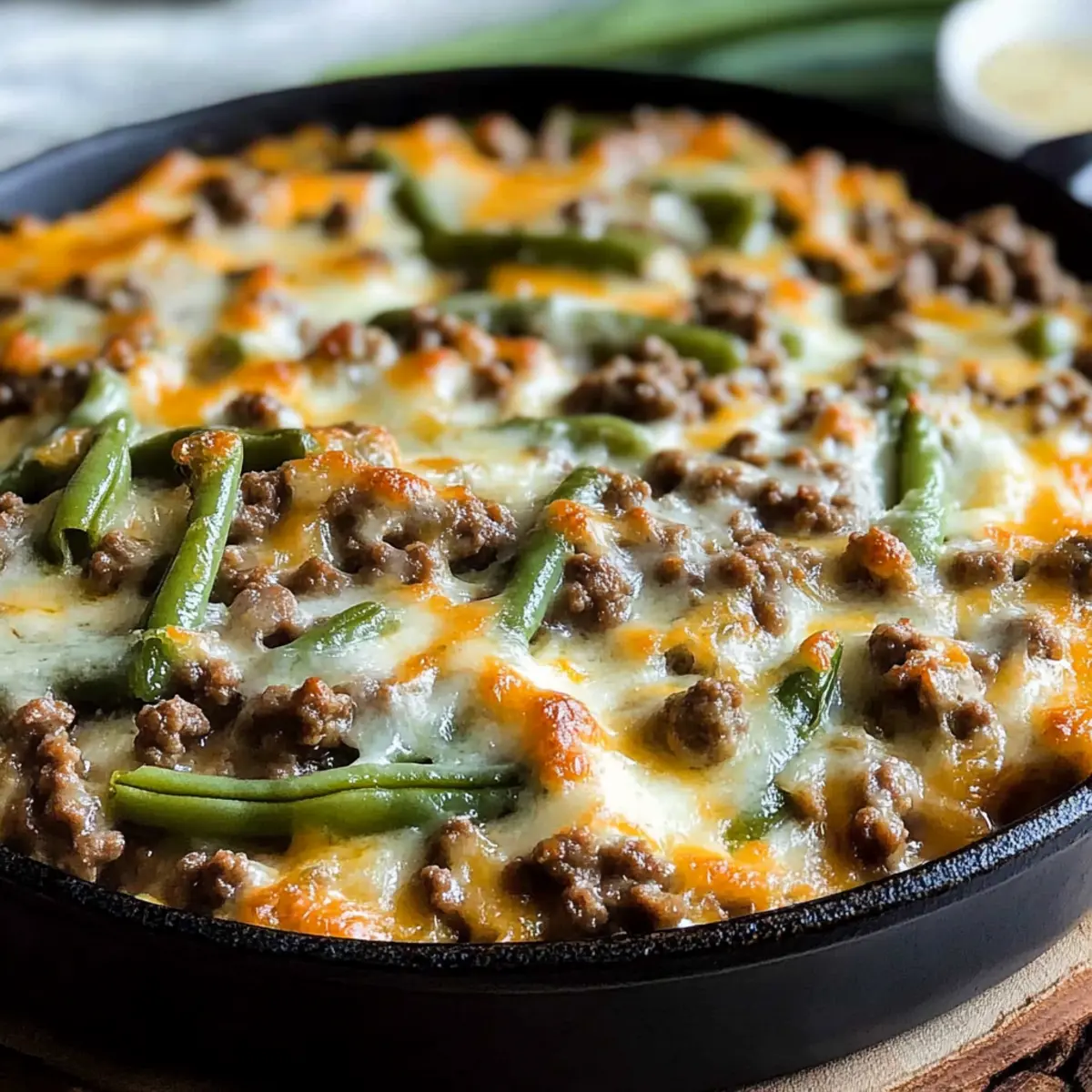 Easy Ground Beef Green Bean Casserole with Potatoes and Cheese